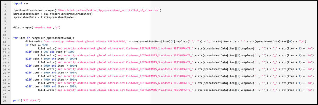 USING PYTHON TO CREATE 12,000 LINES OF JUNIPER SRX CONFIG IN 0.01 SECONDS – NETWORK FUN-TIMES
